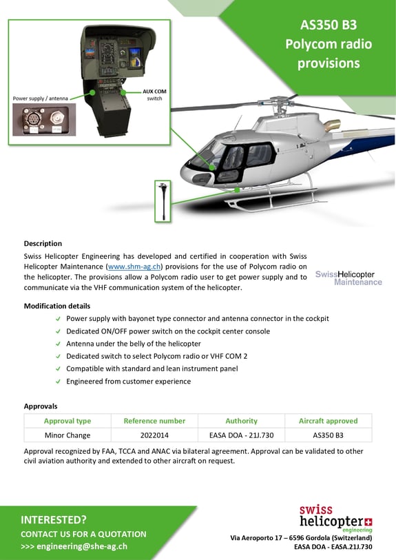 Airbus AS350 Polycom Radio provisions - Swiss Helicopter Engineering