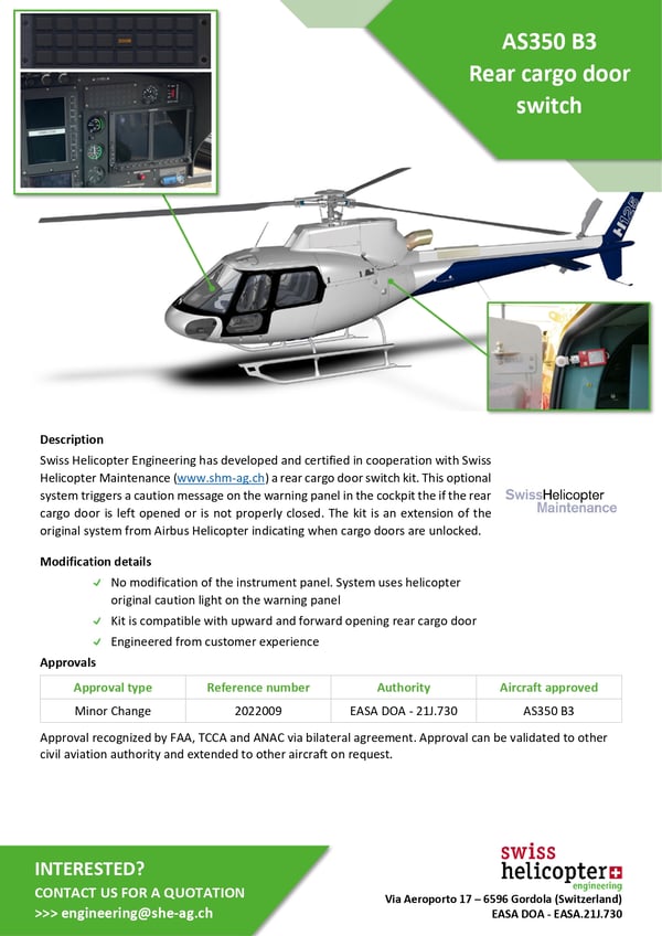 Airbus AS350 Rear cargo door switch kit - Swiss Helicopter Engineering